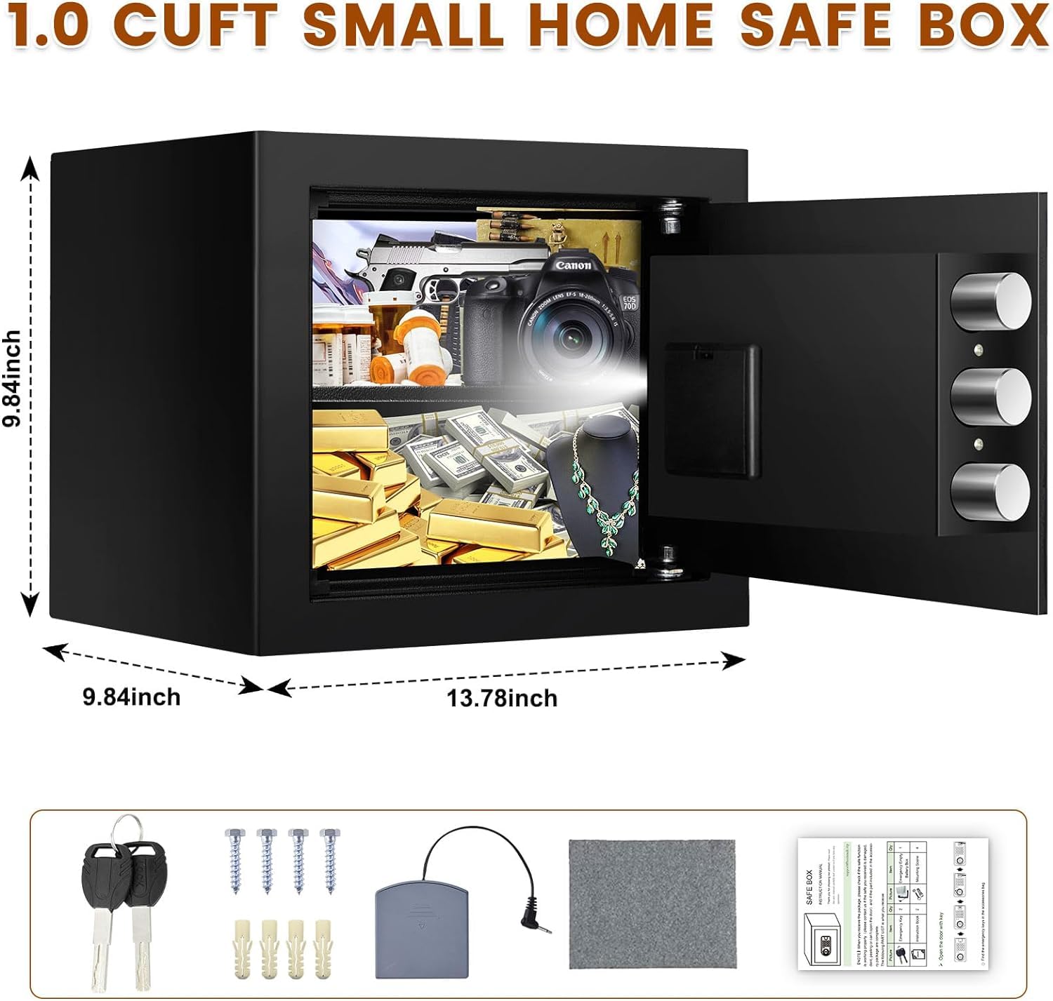 1.0 Cubic Feet Home Safe Fireproof Waterproof, Digital Home Security Safe Box with Programmable Keypad and Removable Shelf, for Documents, Jewelry, Valuables, Black (9.8"W x 13.7"D x 9.8"H)