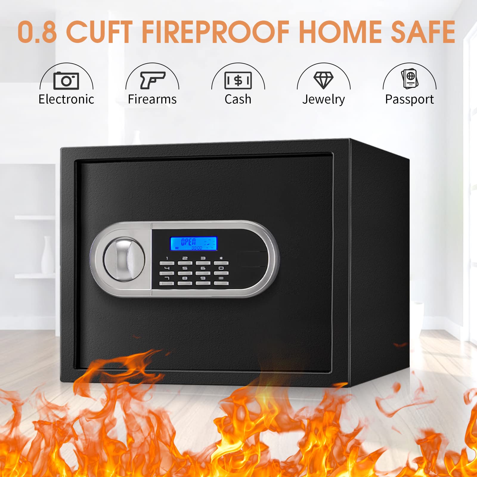 1.0 Cubic Feet Home Safe Fireproof Waterproof, Digital Home Security Safe Box with Programmable Keypad and Removable Shelf, for Documents, Jewelry, Valuables, Black (9.8"W x 13.7"D x 9.8"H)