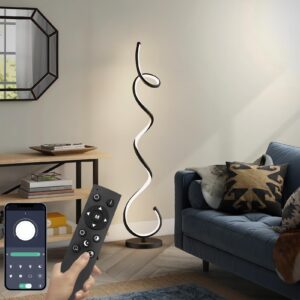 fctwaks modern floor lamps for living room, led 54" tall 30w black spiral corner floor lamp with remote, 3 color temperature, stepless dimmable, bright standing lamp for bedroom home office deco