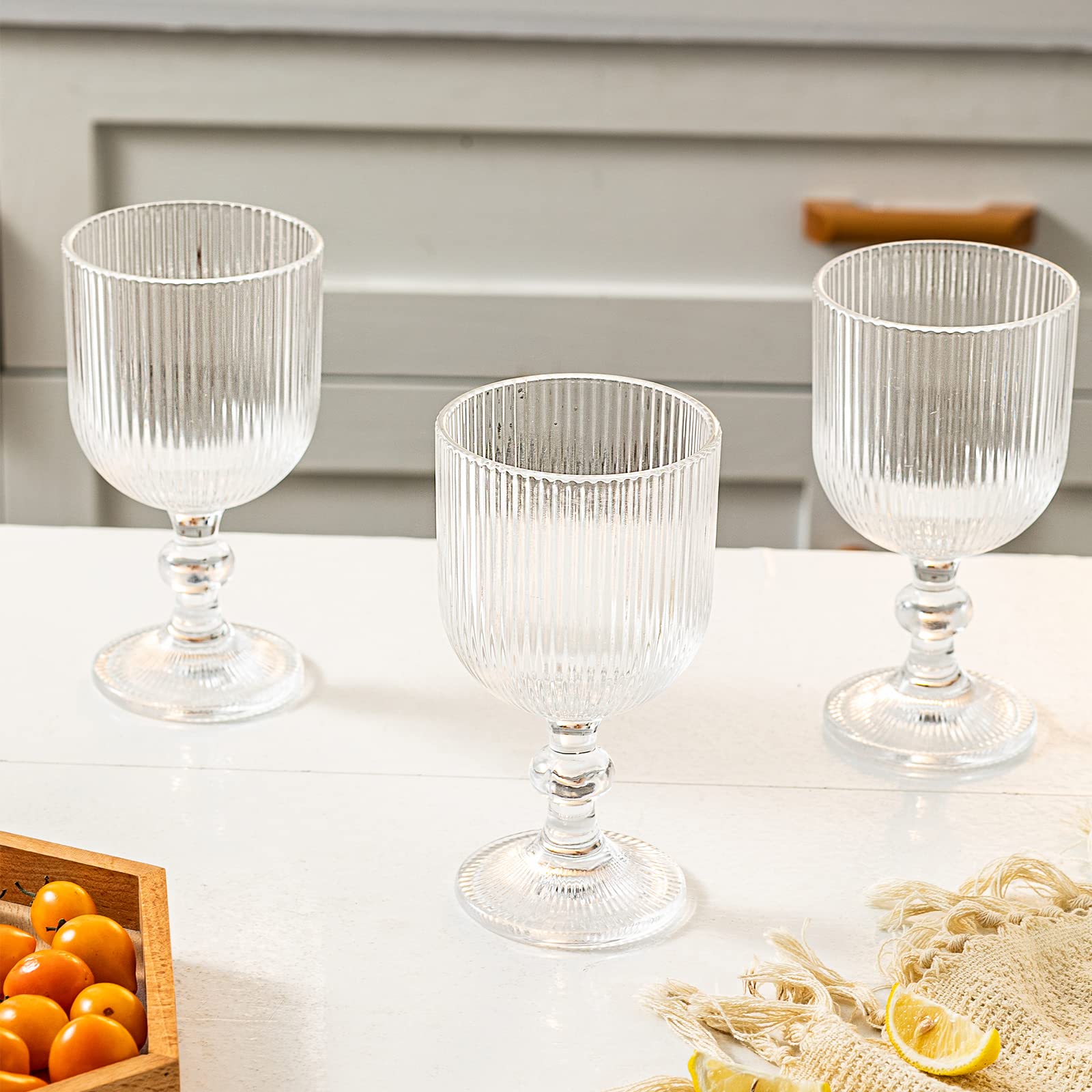 Vintage Wine Glasses Set of 4, 12 oz Glass Drinkware Sets, Ripple Drinkware Embossed Unique Vintage Glasses Drinking, Vertical Line Goblet Glasses, Water Goblets, Wedding, Party, Dinner, Bar