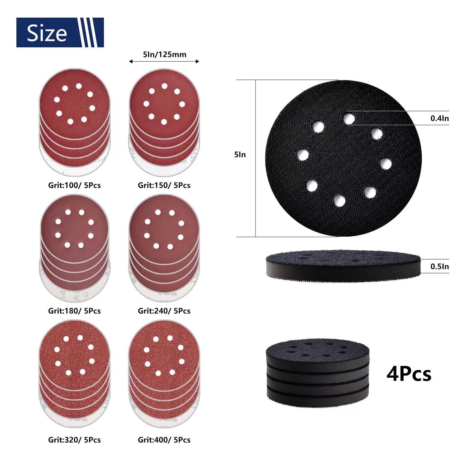 5 inch DeWalt DWE6423/6423K, DWE6421/6421K, DCW210B Random Orbital Sander Replacement Pad with 5 inch 8 Hole Hook Loop Foam & Sanding Backing Pads Sanding Discs Include 100/150/180/240/320/400 Grit