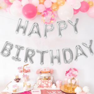 Happy Birthday Balloons Banner, 16 Inch Mylar Foil Balloon Letters Birthday Sign Banner, Reusable Silver Birthday Balloons Kit Birthday Decorations For Kids Adults Birthday Party Favor Supplies