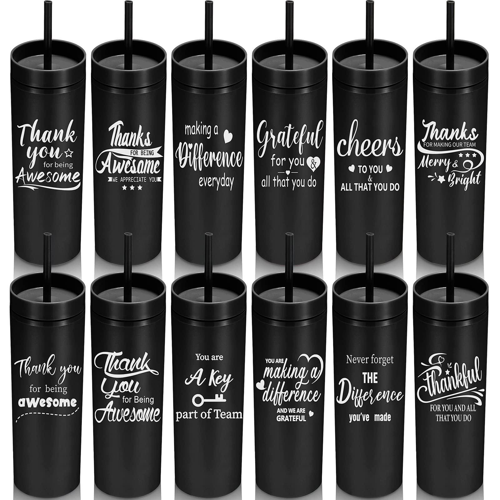 Gejoy 12 Pcs Employee Appreciation Gifts 16 oz Skinny Tumblers Thank You Gifts Matte Plastic Tumblers with Lids and Straws Reusable Travel Cups for Coworker Staff Teacher (Black)