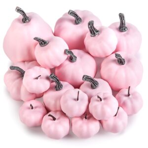 domestar 18pcs pink pumpkins for decoration, artificial pumpkins small pink foam pumpkins assorted sizes for wedding thanksgiving farmhouse table decor