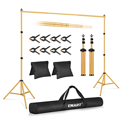 EMART Backdrop Stand 10x7ft(WxH) Photo Studio Adjustable Background Stand Support Kit with 2 Crossbars, 8 Backdrop Clamps, 2 Sandbags and Carrying Bag for Parties Events Decoration -Gold