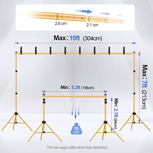 EMART Backdrop Stand 10x7ft(WxH) Photo Studio Adjustable Background Stand Support Kit with 2 Crossbars, 8 Backdrop Clamps, 2 Sandbags and Carrying Bag for Parties Events Decoration -Gold