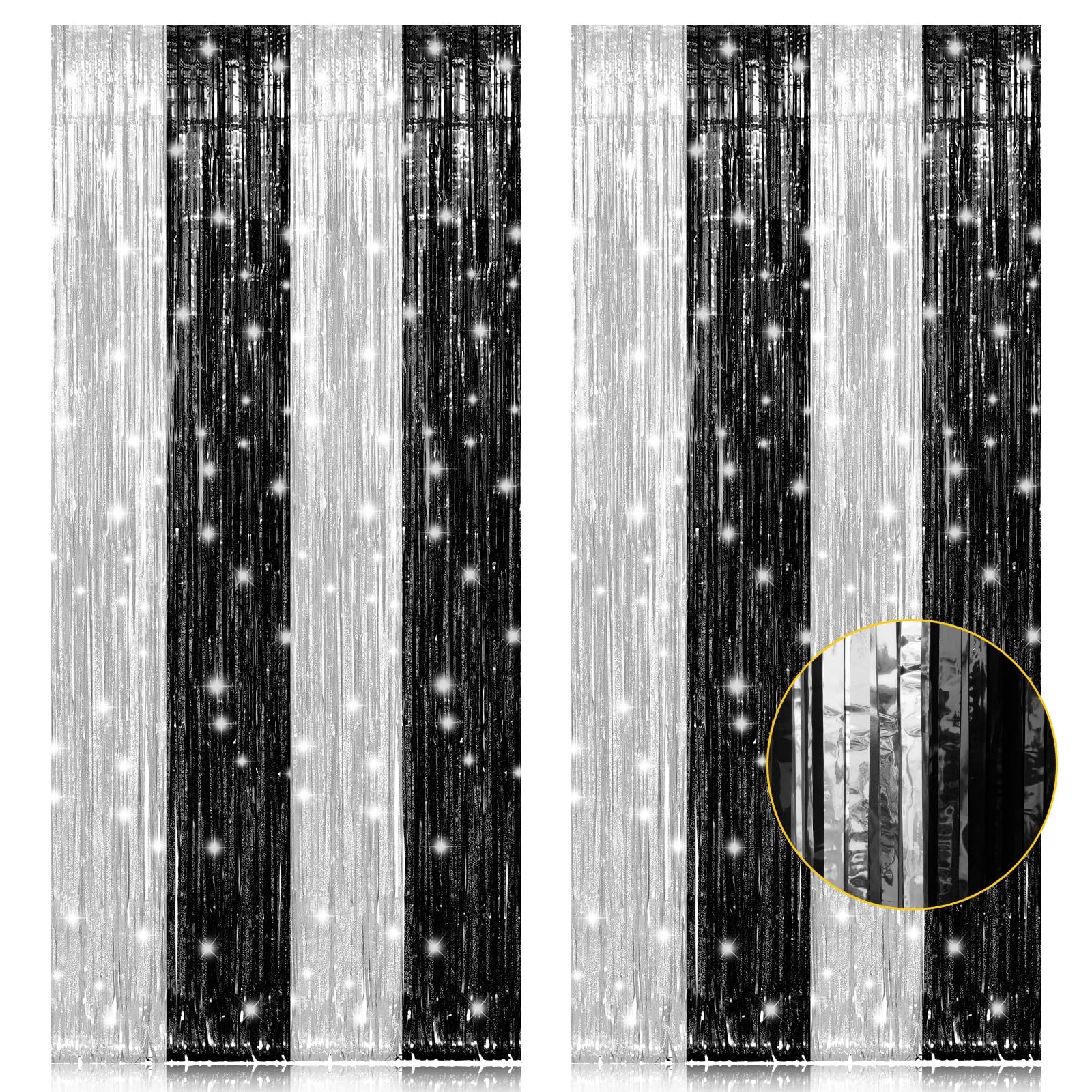 PIGETALE, 2 Pack 3.2 x 8.2 ft Black and Silver Foil Fringe Curtains Party Decorations, Sparkle Tinsel Curtain Photo Backdrop for Birthday Wedding Graduation Stream