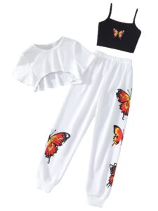 soly hux girl's butterfly print cami tops & high low hem short sleeve t shirt with sweatpants 3 piece white butterfly 10y