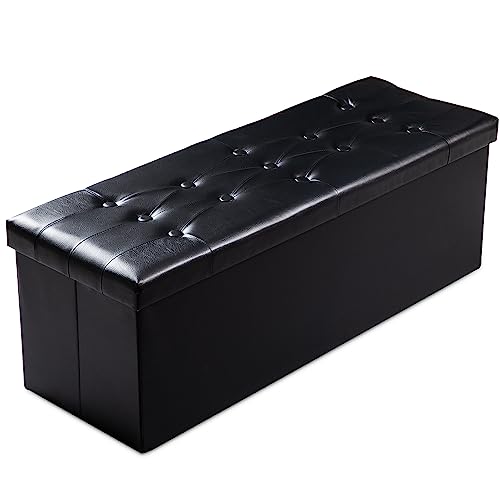 PRANDOM Jumbo Ottoman with Storage [1-Pack] Faux Leather Folding Small Square Foot Stool with Lid for Living Room Bedroom Coffee Table Dorm Black 43x15x15 inches