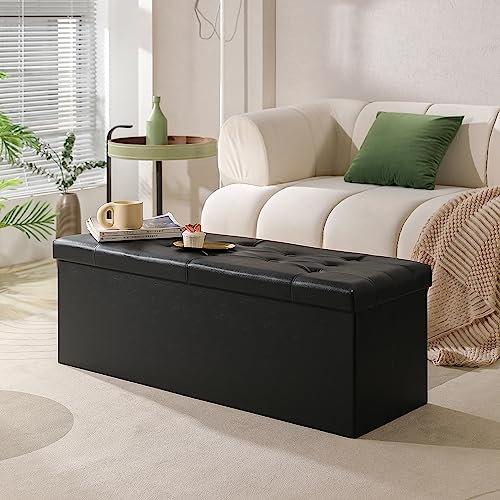 PRANDOM Jumbo Ottoman with Storage [1-Pack] Faux Leather Folding Small Square Foot Stool with Lid for Living Room Bedroom Coffee Table Dorm Black 43x15x15 inches