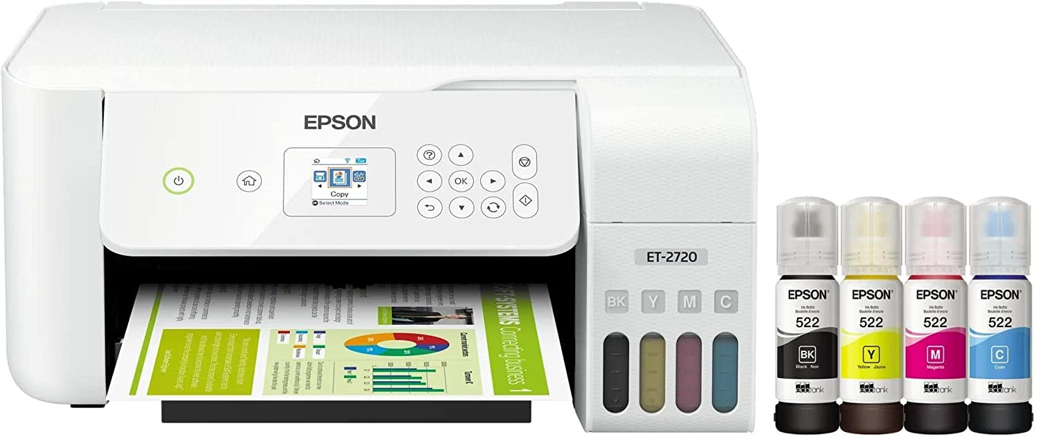 Epson EcoTank ET-2720 All-in-One Wireless Color Inkjet Supertank Printer for Office, White - Print Scan Copy - 5760 x 1440 dpi, Voice Activated, 10.5 ppm, 1.44" LCD, Borderless Print, Ethernet, WiFi