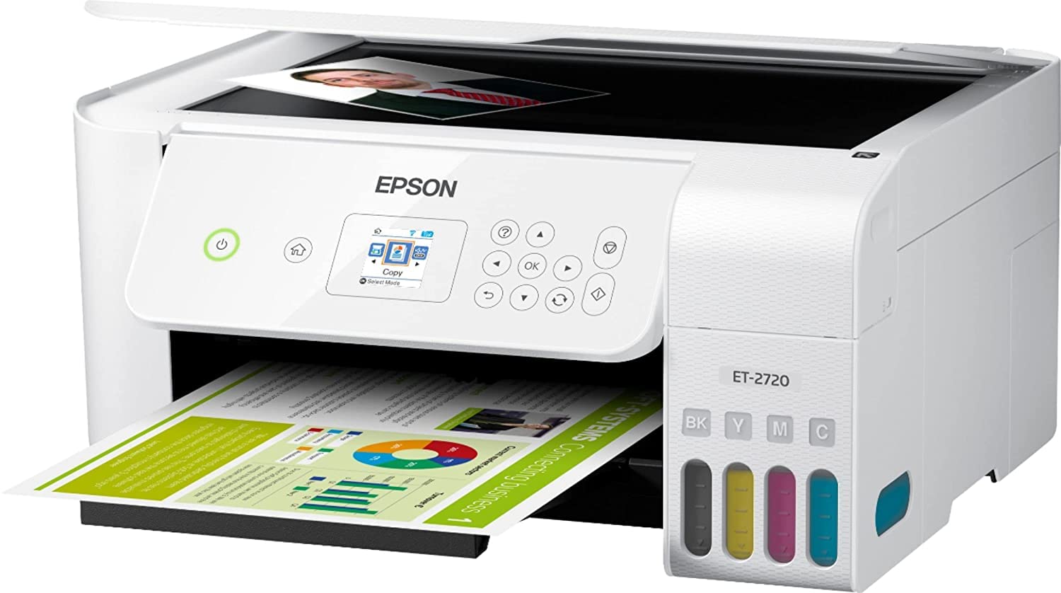 Epson EcoTank ET-2720 All-in-One Wireless Color Inkjet Supertank Printer for Office, White - Print Scan Copy - 5760 x 1440 dpi, Voice Activated, 10.5 ppm, 1.44" LCD, Borderless Print, Ethernet, WiFi