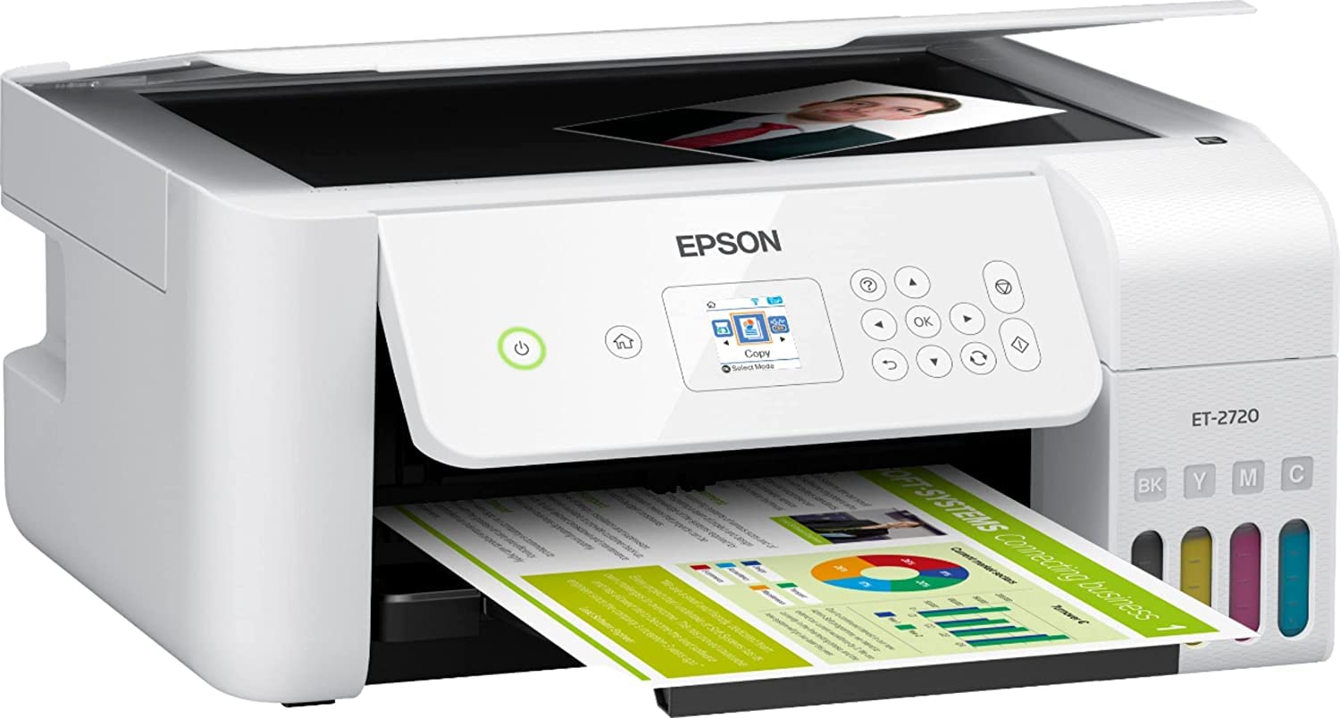 Epson EcoTank ET-2720 All-in-One Wireless Color Inkjet Supertank Printer for Office, White - Print Scan Copy - 5760 x 1440 dpi, Voice Activated, 10.5 ppm, 1.44" LCD, Borderless Print, Ethernet, WiFi