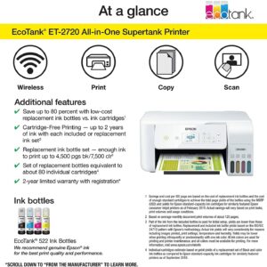 Epson EcoTank ET-2720 All-in-One Wireless Color Inkjet Supertank Printer for Office, White - Print Scan Copy - 5760 x 1440 dpi, Voice Activated, 10.5 ppm, 1.44" LCD, Borderless Print, Ethernet, WiFi