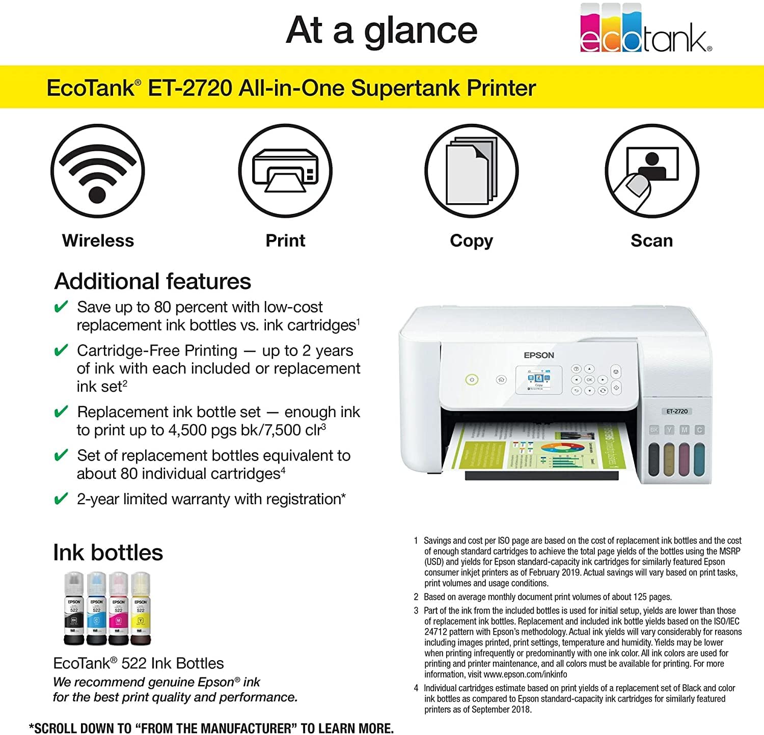 Epson EcoTank ET-2720 All-in-One Wireless Color Inkjet Supertank Printer for Office, White - Print Scan Copy - 5760 x 1440 dpi, Voice Activated, 10.5 ppm, 1.44" LCD, Borderless Print, Ethernet, WiFi