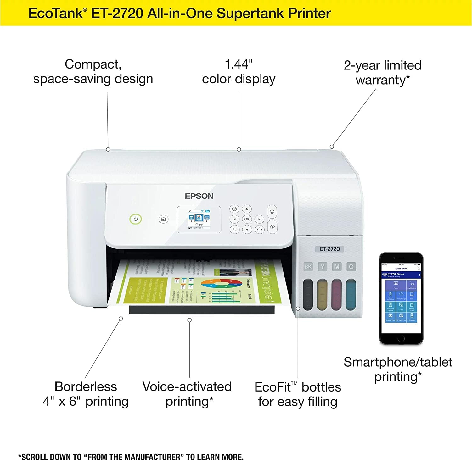 Epson EcoTank ET-2720 All-in-One Wireless Color Inkjet Supertank Printer for Office, White - Print Scan Copy - 5760 x 1440 dpi, Voice Activated, 10.5 ppm, 1.44" LCD, Borderless Print, Ethernet, WiFi