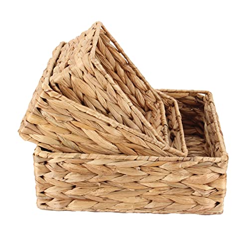 YRMT Water Hyacinth Baskets Set 3 Woven Square Basket for Storage Organizing Decorative Handmade Wicker Basket for Pantry Shelf Cabinet Small 12" x 12" x 4"