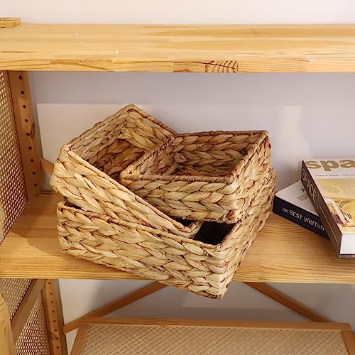 YRMT Water Hyacinth Baskets Set 3 Woven Square Basket for Storage Organizing Decorative Handmade Wicker Basket for Pantry Shelf Cabinet Small 12" x 12" x 4"