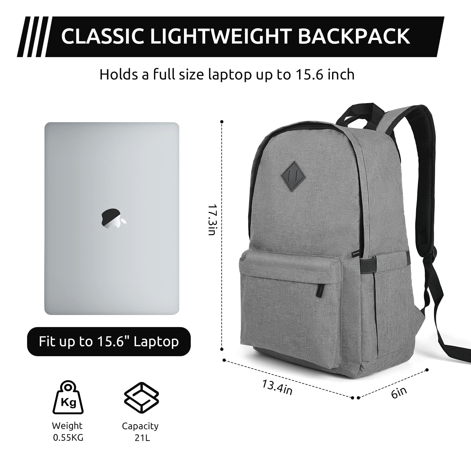 Wonarby Laptop College Backpack for Women Men - Bookbag with Computer Compartment - Lightweight Book Bag - Large Back Pack for Travel, Work - Grey