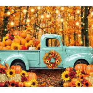 Funnytree 8 x 6 FT Autumn Forest Blue Truck Backdrop for Portrait Photography Picture Fall Harvest Pumpkin Farm Thanksgiving Day Baby Shower Friendsgiving Party Supplies Decoration Banner Background