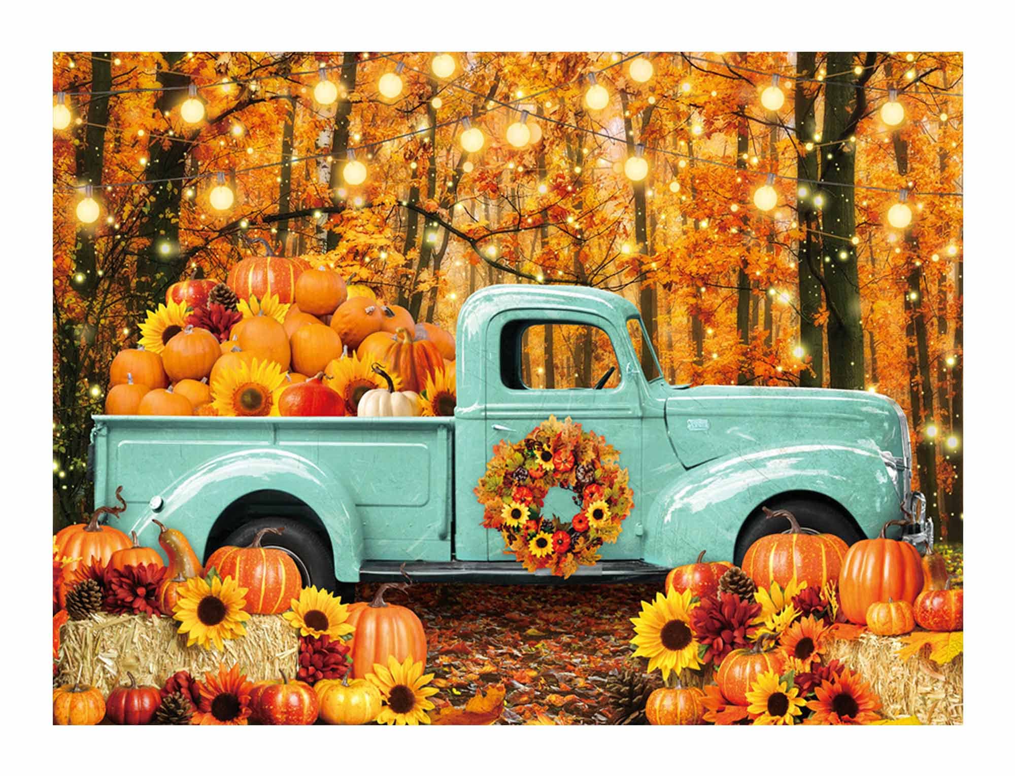 Funnytree 8 x 6 FT Autumn Forest Blue Truck Backdrop for Portrait Photography Picture Fall Harvest Pumpkin Farm Thanksgiving Day Baby Shower Friendsgiving Party Supplies Decoration Banner Background