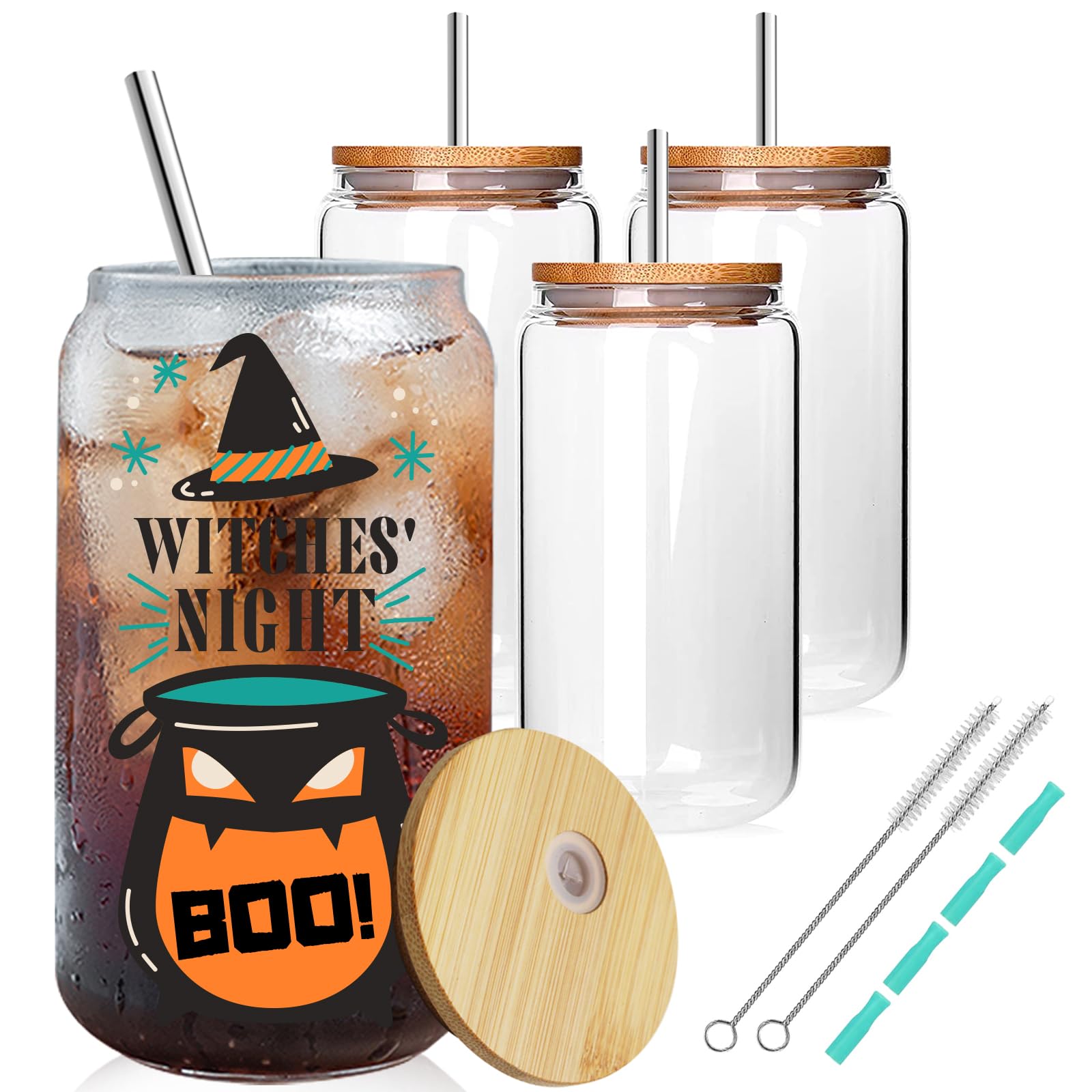 AQUAPHILE 4 Pack Sublimation Glass Blanks, 16 Oz Sublimation Glass Can with Bamboo Lids and Straws, Reusable Wide Mouth Jar Sublimation Tumblers Beer Can for Iced Coffee, Juice, Soda, Drinks