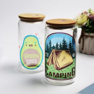 AQUAPHILE 4 Pack Sublimation Glass Blanks, 16 Oz Sublimation Glass Can with Bamboo Lids and Straws, Reusable Wide Mouth Jar Sublimation Tumblers Beer Can for Iced Coffee, Juice, Soda, Drinks