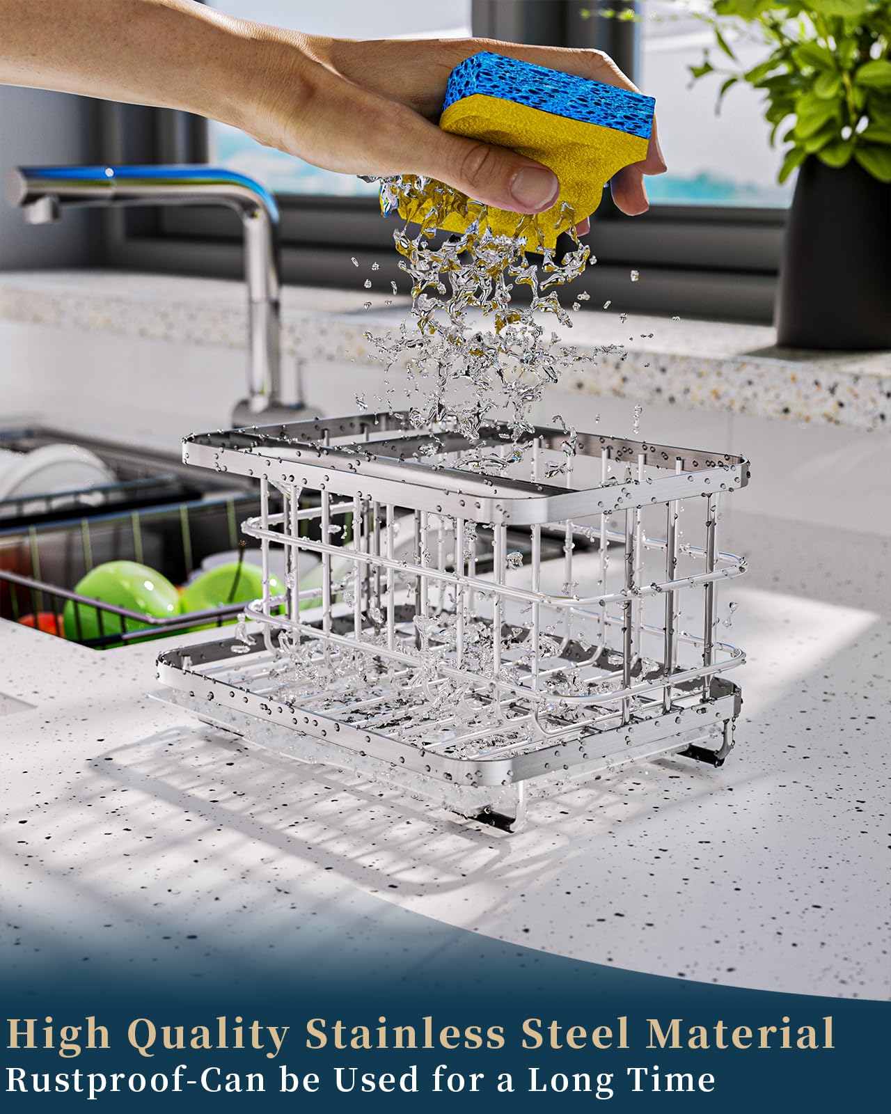 Consumest Kitchen Sink Organizer Sink Caddy with Cloth Holder & Drip Tray, 304 Stainless Steel Sink Sponge Organizer for Kitchen Caddy, Multifunctional Kitchen Sponge Caddy for Dishcloth Brush