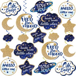 twinkle twinkle little star baby shower decorations hanging swirls, 40 pcs no-diy over the moon baby shower decorations, moon and stars baby shower whirls glitter foil ceiling swirls