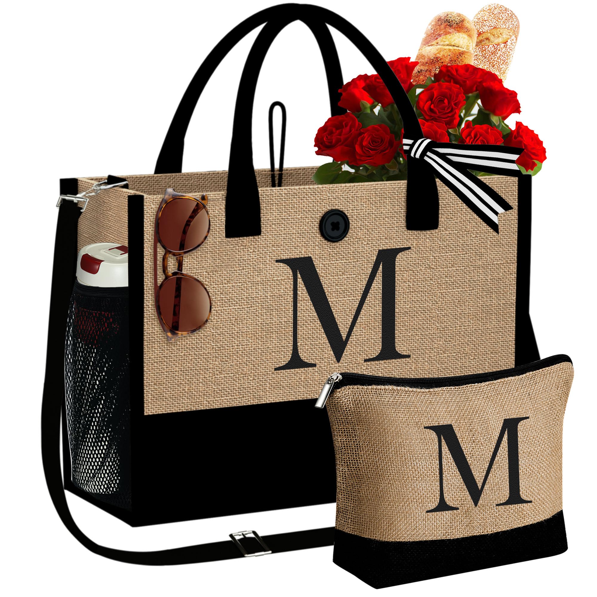 YOOLIFE Mothers Day Gifts for Mom - Personalized Gifts for Women Her Letter Initial Beach Tote Bag Mom Birthday Gifts Best Friend Birthday Gifts for Wife Daughter Sister Mom Women Gifts Ideas Letter M