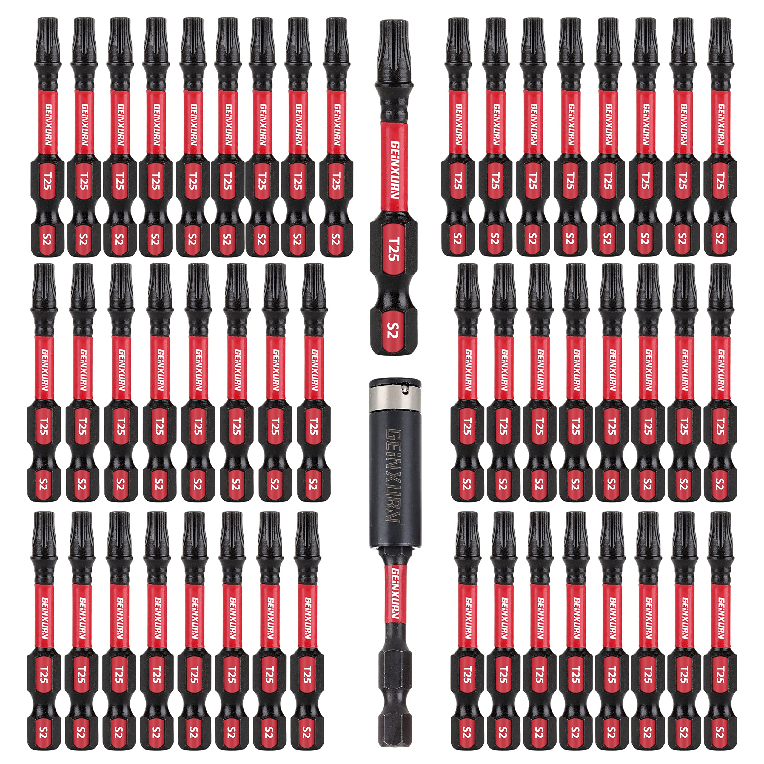 GEINXURN 50 Pieces T25 2 In. Impact Tough Magnetic #25 Torx Head Power Bits, S2 Alloy Steel T25 Screwdriver Bits Set with 1Pcs Impact Bit Holder