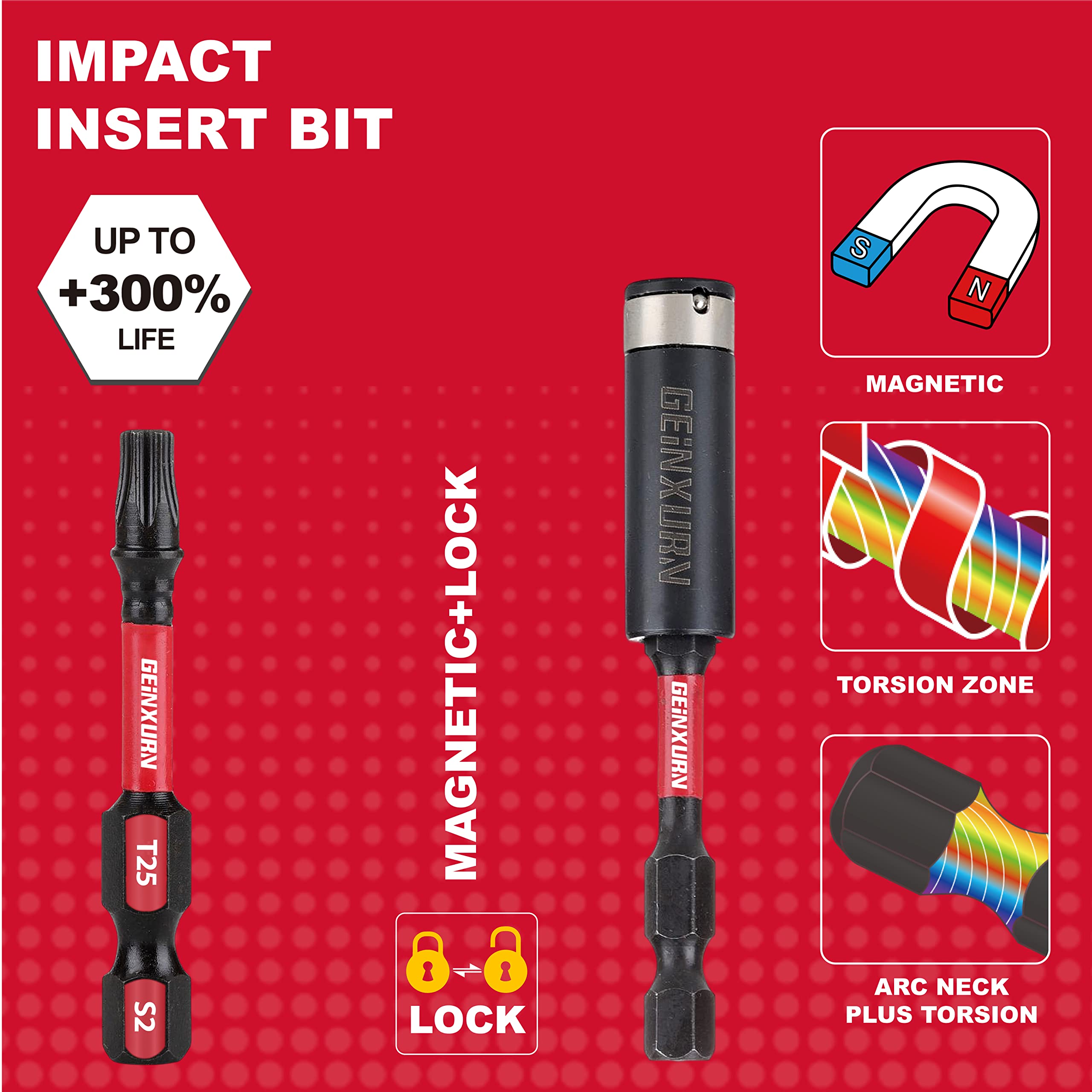 GEINXURN 50 Pieces T25 2 In. Impact Tough Magnetic #25 Torx Head Power Bits, S2 Alloy Steel T25 Screwdriver Bits Set with 1Pcs Impact Bit Holder