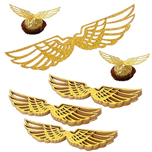 50 Pcs Golden Snitch Wings with Glue Circles Glitter Wizard Party Chocolate Decoration Golden Wings Chocolate Decor Hollowed Party Supplies for Birthday Wizard Theme Party Supplies