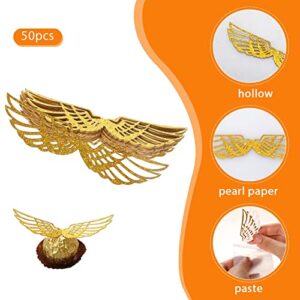 50 Pcs Golden Snitch Wings with Glue Circles Glitter Wizard Party Chocolate Decoration Golden Wings Chocolate Decor Hollowed Party Supplies for Birthday Wizard Theme Party Supplies