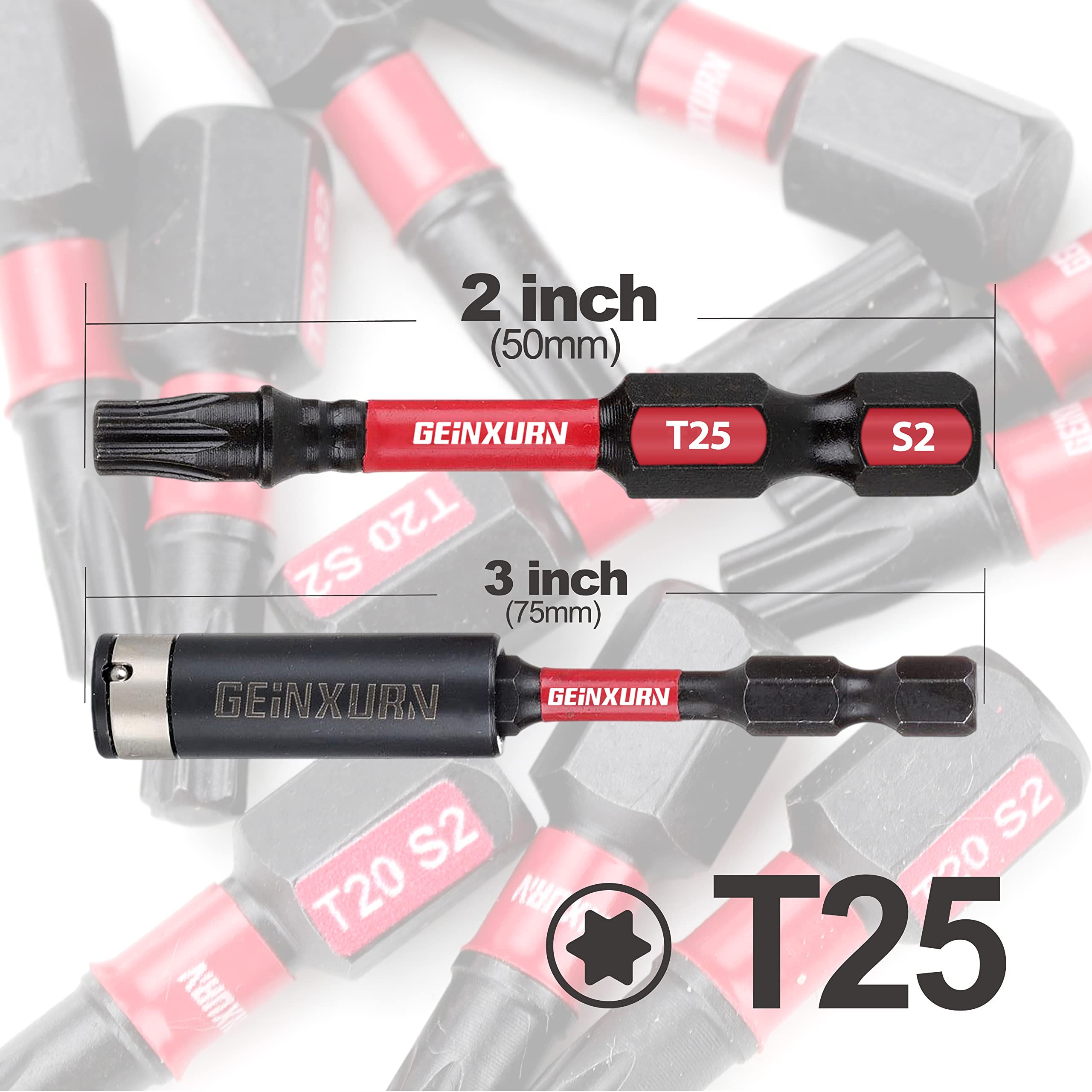 GEINXURN 50 Pieces T25 2 In. Impact Tough Magnetic #25 Torx Head Power Bits, S2 Alloy Steel T25 Screwdriver Bits Set with 1Pcs Impact Bit Holder