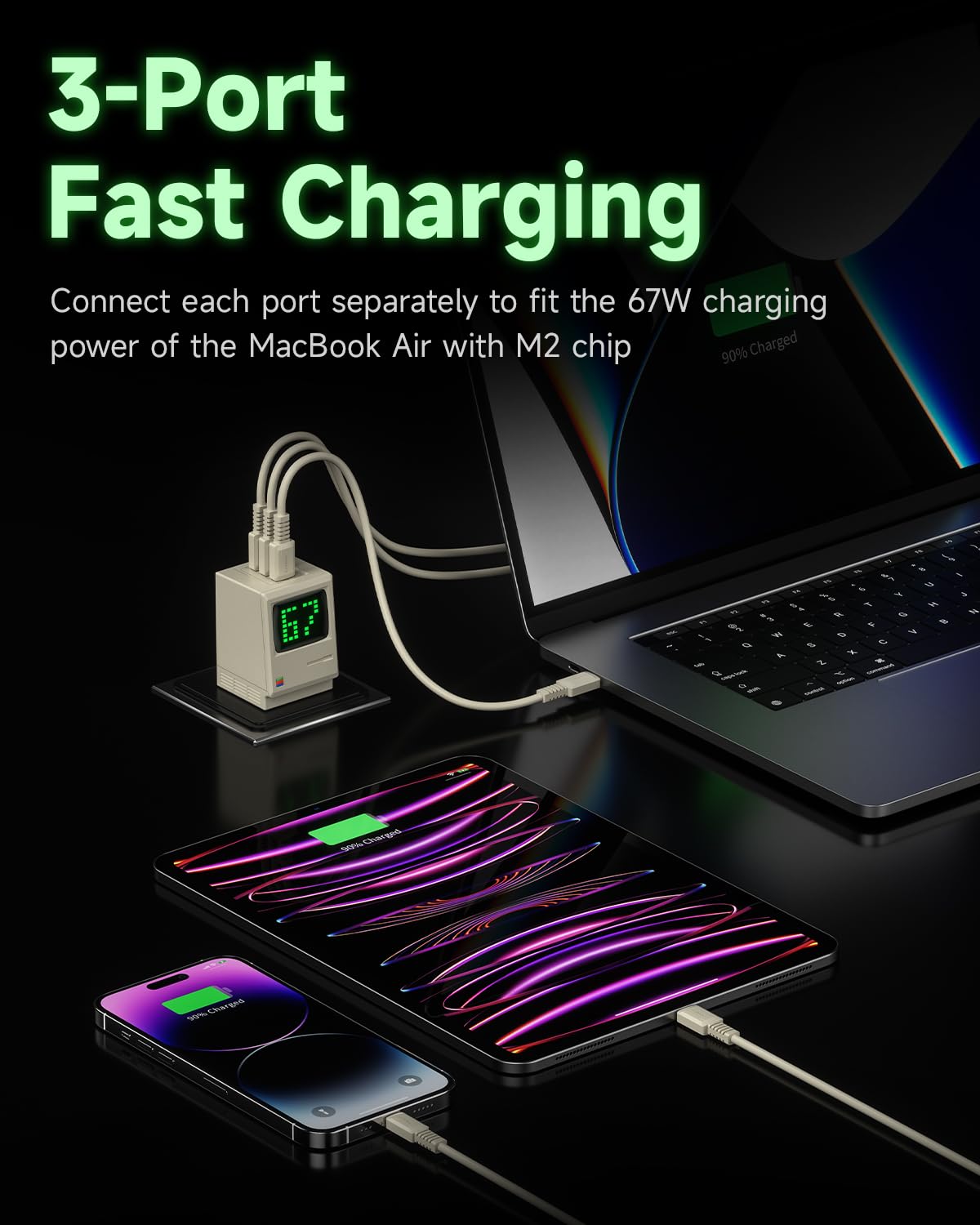 SHARGE USB C Charger, Retro 67 Power Display 3-Port Fast GaN Charger with Digital Rain, 67W Foldable Wall Charger for Phone 14/Pro Max/13, iPad, MacBook, Galaxy, Google Pixel Gifts Idea