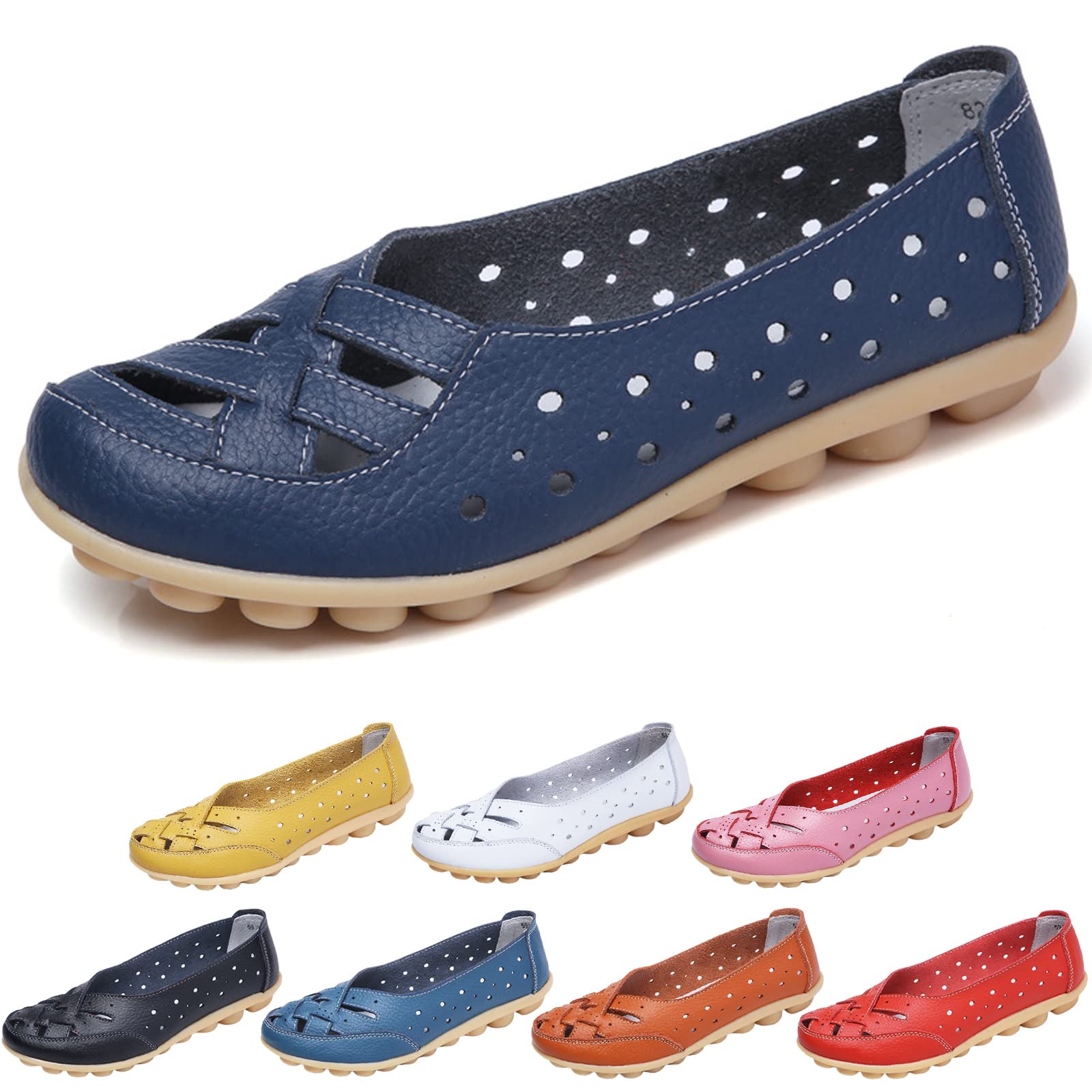 FETNHU Owlkay New Casual Women Shoes, Slip on Walking Shoes for Women,Women's Leather Low Top Flat Soybean Shoes (Dark-Blue,8.5)