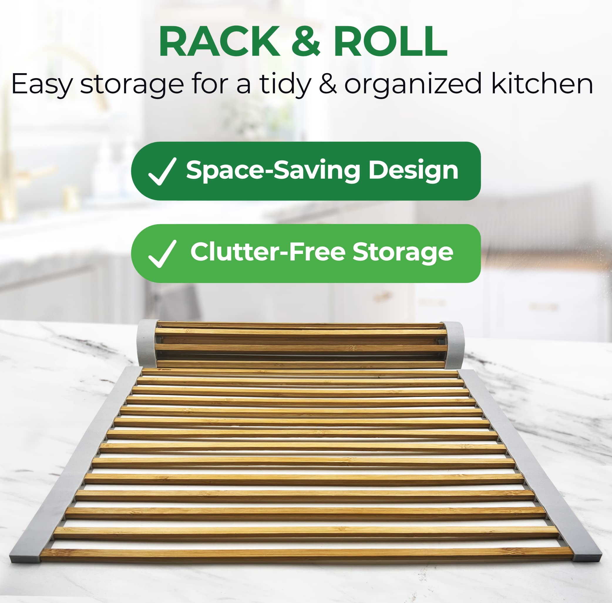 AIRNEX Bamboo Sink Drying Rack, Roll Up Dish Drying Rack Over The Sink Kitchen, Wooden Over The Sink Drying Rack for Kitchen Sink, Roll Out Sink Drainers, Kitchen Sink Accessories (17 x 12 in)