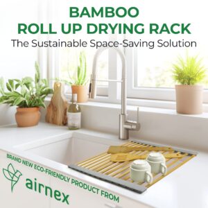 AIRNEX Bamboo Sink Drying Rack, Roll Up Dish Drying Rack Over The Sink Kitchen, Wooden Over The Sink Drying Rack for Kitchen Sink, Roll Out Sink Drainers, Kitchen Sink Accessories (17 x 12 in)