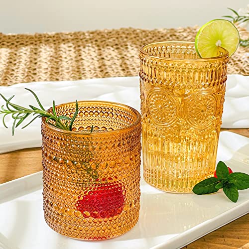 Kate Aspen Vintage Textured Amber Striped Drinking Glasses Set of 6-13 oz Ribbed Glassware with Flower Design | Cocktail Set, Juice Glass, Iced Coffee Cup