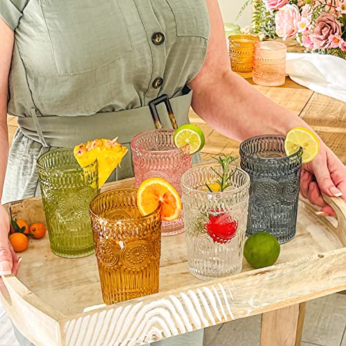 Kate Aspen Vintage Textured Amber Striped Drinking Glasses Set of 6-13 oz Ribbed Glassware with Flower Design | Cocktail Set, Juice Glass, Iced Coffee Cup