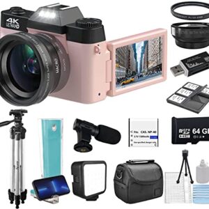 eDealz 4K 48MP Digital Camera Kit for Photography, Vlogging Camera YouTube with Flip Screen, WiFi, Wide Angle & Macro Lens, 64GB Micro SD Card, 50" Tripod, Case, Card Reader, Microphone, LED (Pink)