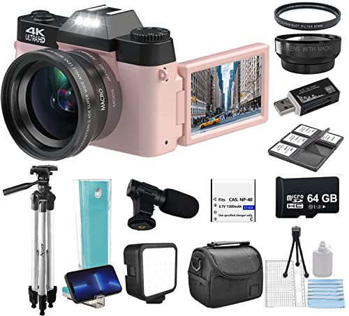 eDealz 4K 48MP Digital Camera Kit for Photography, Vlogging Camera YouTube with Flip Screen, WiFi, Wide Angle & Macro Lens, 64GB Micro SD Card, 50" Tripod, Case, Card Reader, Microphone, LED (Pink)