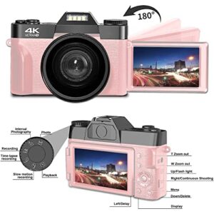 eDealz 4K 48MP Digital Camera Kit for Photography, Vlogging Camera YouTube with Flip Screen, WiFi, Wide Angle & Macro Lens, 64GB Micro SD Card, 50" Tripod, Case, Card Reader, Microphone, LED (Pink)