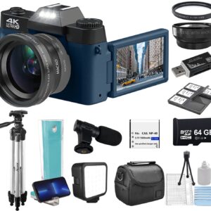 eDealz 4K 48MP Digital Camera Kit for Photography, Vlogging Camera YouTube with Flip Screen, WiFi, Wide Angle & Macro Lens, 64GB Micro SD Card, 50" Tripod, Case, Card Reader, Microphone, LED (Navy)