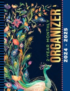 2-year monthly organizer 2024-2025: 8.5x11 large dated monthly schedule with 100 blank college-ruled paper combo / 24-month life organizing gift / decorative floral peacock feather - bird art cover