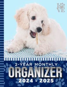 2-year monthly organizer 2024-2025: 8.5x11 large dated monthly schedule with 100 blank college-ruled paper combo / 24-month life organizing gift / white poodle dog art cover