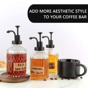 Shining Craft Syrup Pump Dispenser Coffee Syrup Dispenser with Labels, Syrup Bottles 3 Pack 11.8 oz / 350ml, Glass Coffee Pump Dispenser for Coffee Bar, SC058 (Black 3 Pack)