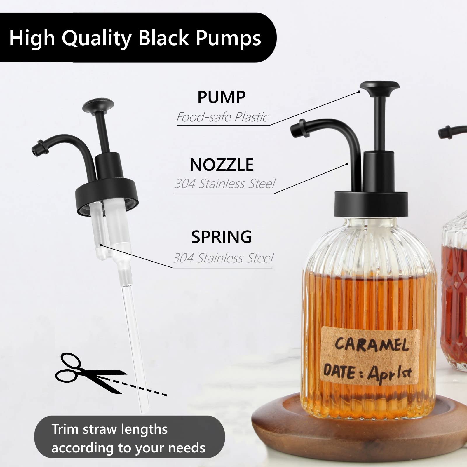 Shining Craft Syrup Pump Dispenser Coffee Syrup Dispenser with Labels, Syrup Bottles 3 Pack 11.8 oz / 350ml, Glass Coffee Pump Dispenser for Coffee Bar, SC058 (Black 3 Pack)