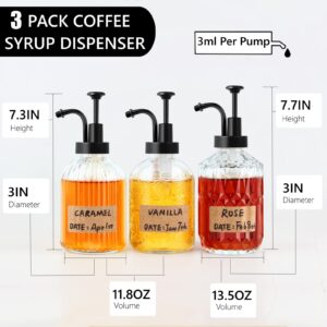 Shining Craft Syrup Pump Dispenser Coffee Syrup Dispenser with Labels, Syrup Bottles 3 Pack 11.8 oz / 350ml, Glass Coffee Pump Dispenser for Coffee Bar, SC058 (Black 3 Pack)